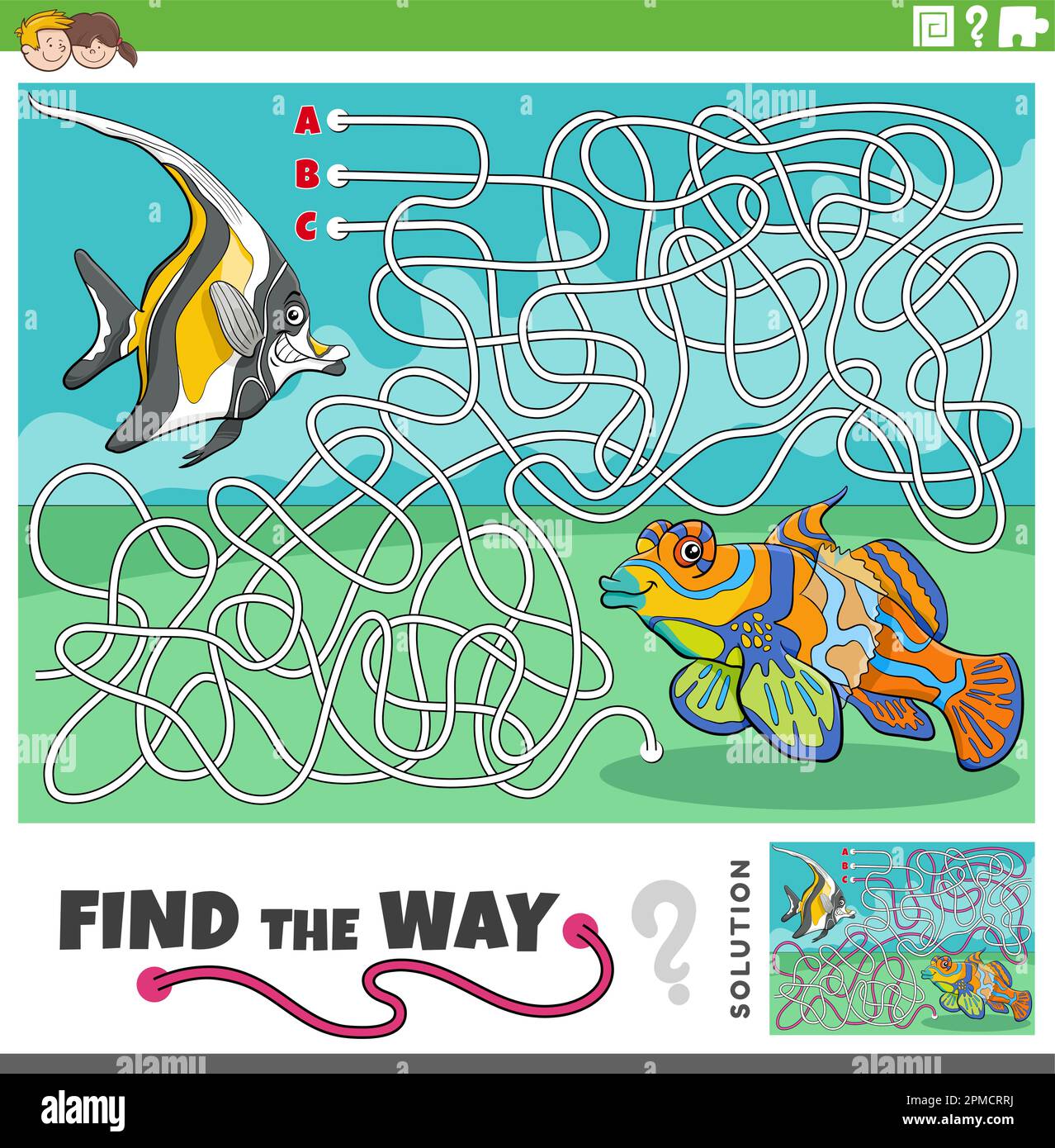 Cartoon illustration of find the way maze puzzle game with funny fish ...