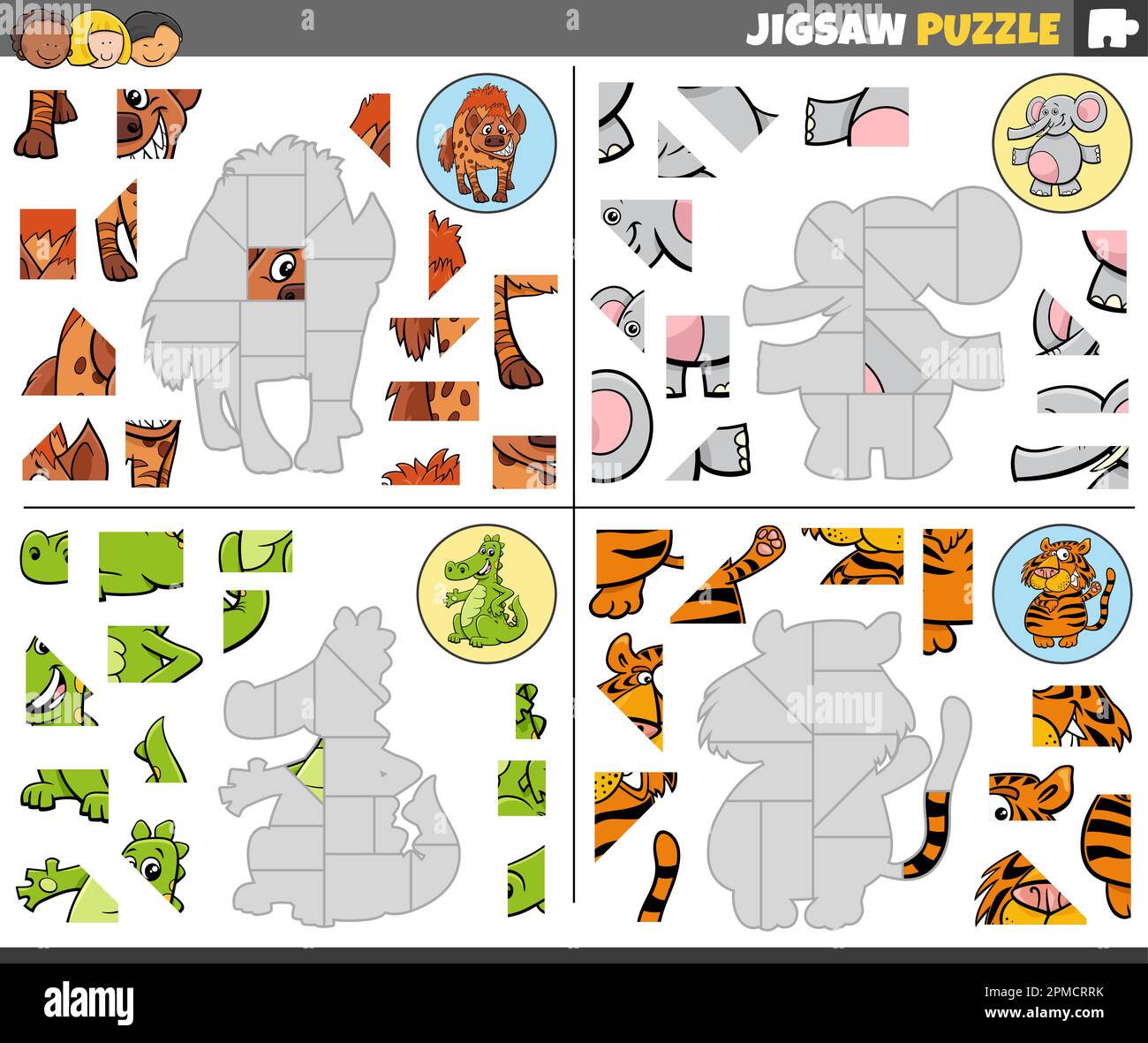 Cartoon illustration of educational jigsaw puzzle games set with funny ...