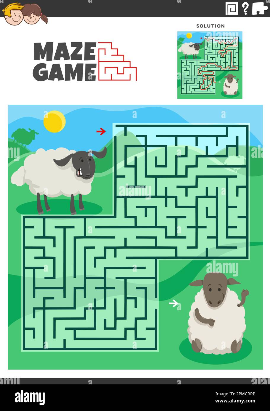 Cartoon illustration of educational maze puzzle activity for children ...