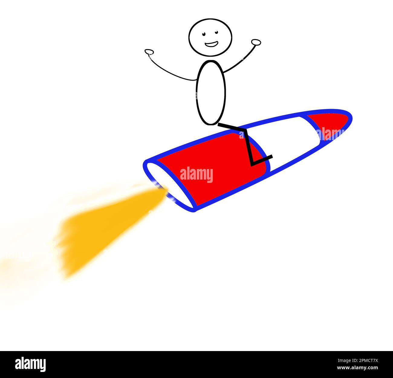 Stick figure flies on rocket Stock Photo - Alamy