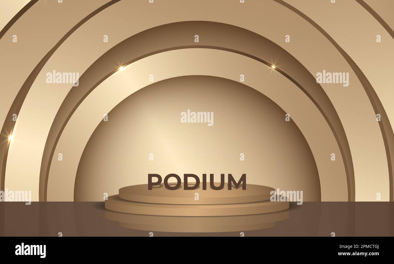 3d realistic podium on a studio room background with golden arch ...