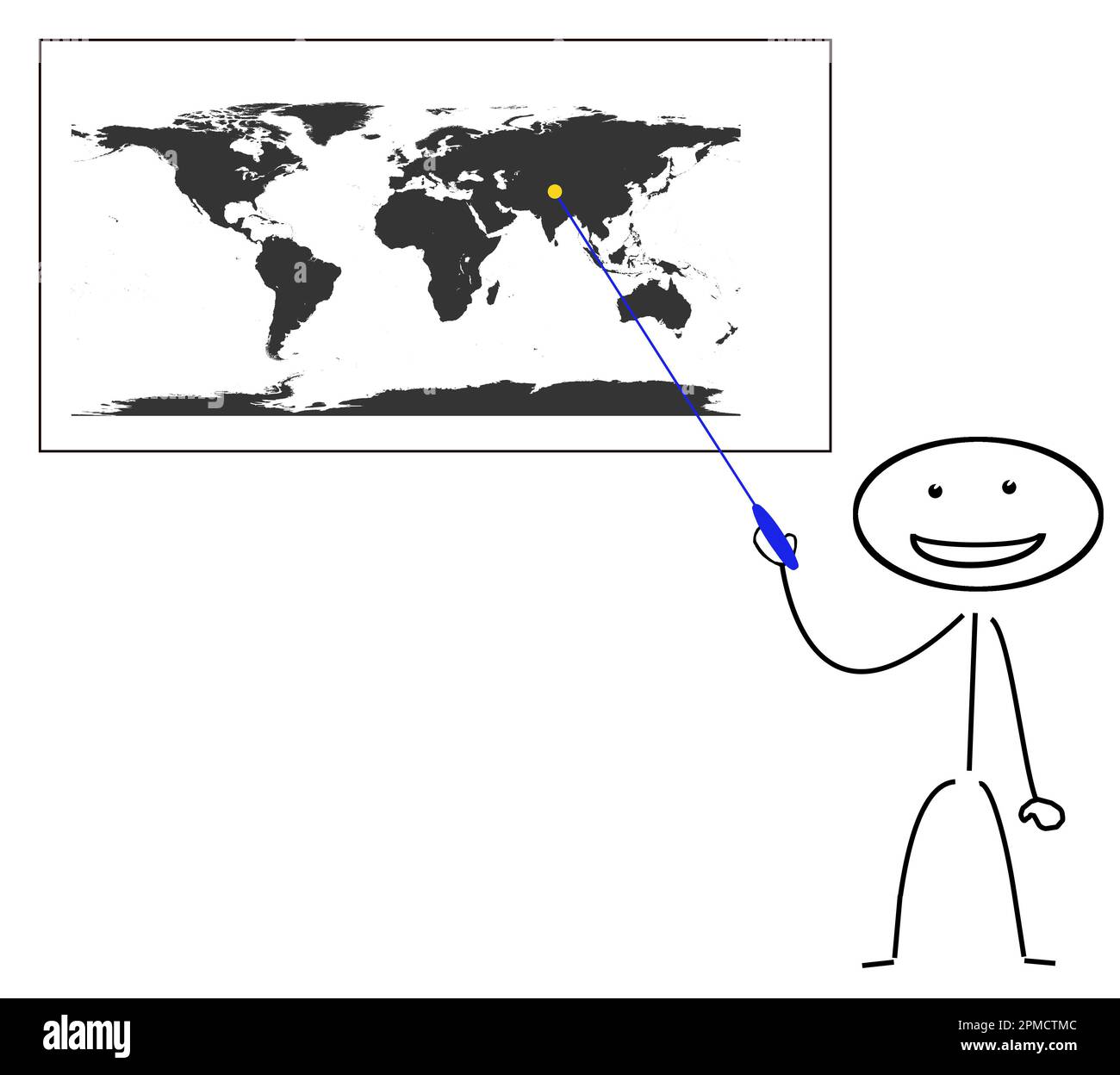 Stick figure pointing with stick on world map Stock Photo - Alamy