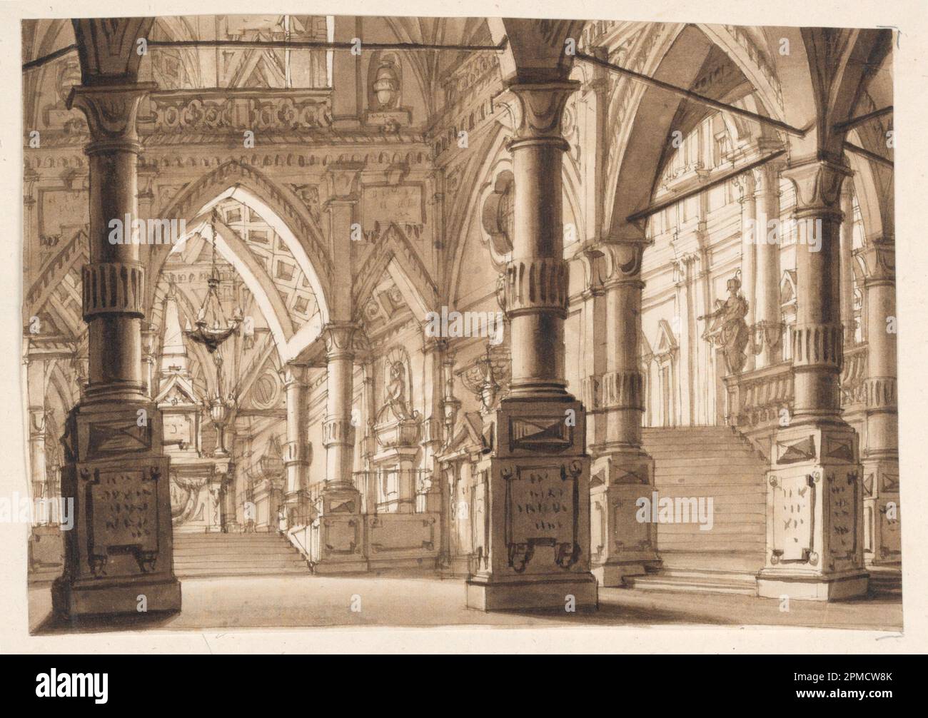 Drawing, Stage Design, Interior of Gothic Church; Italy; pen and bistre ...