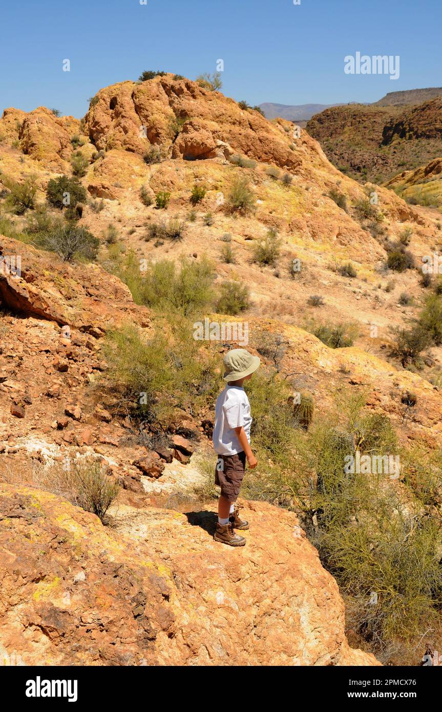 Boy on top of mountain ledge looking into valley Stock Photo - Alamy