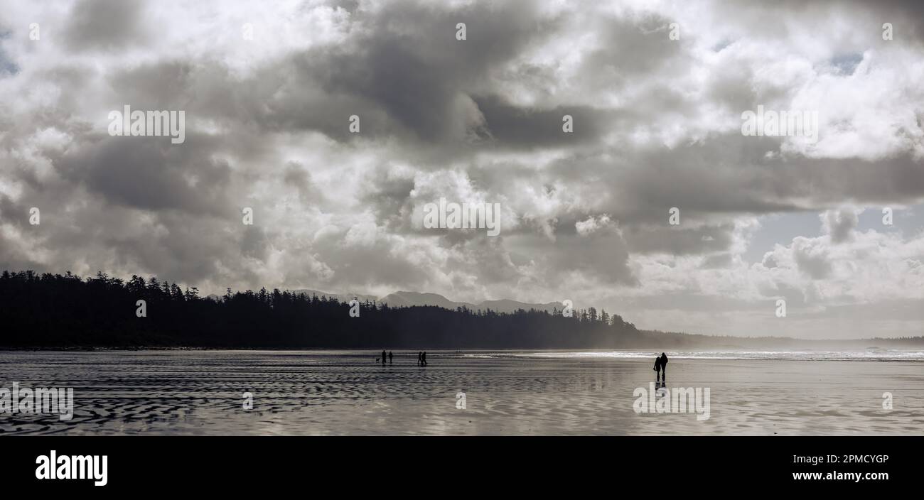 People walk along the beach at low tide in Pacific Rim National Park ...