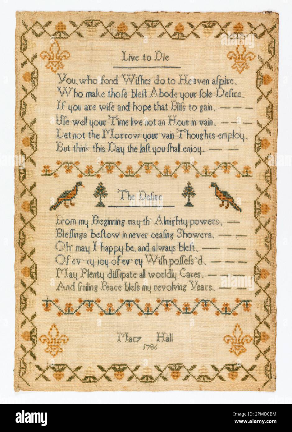 Mourning Sampler (USA); Embroidered by Mary Bechler; silk and human ...