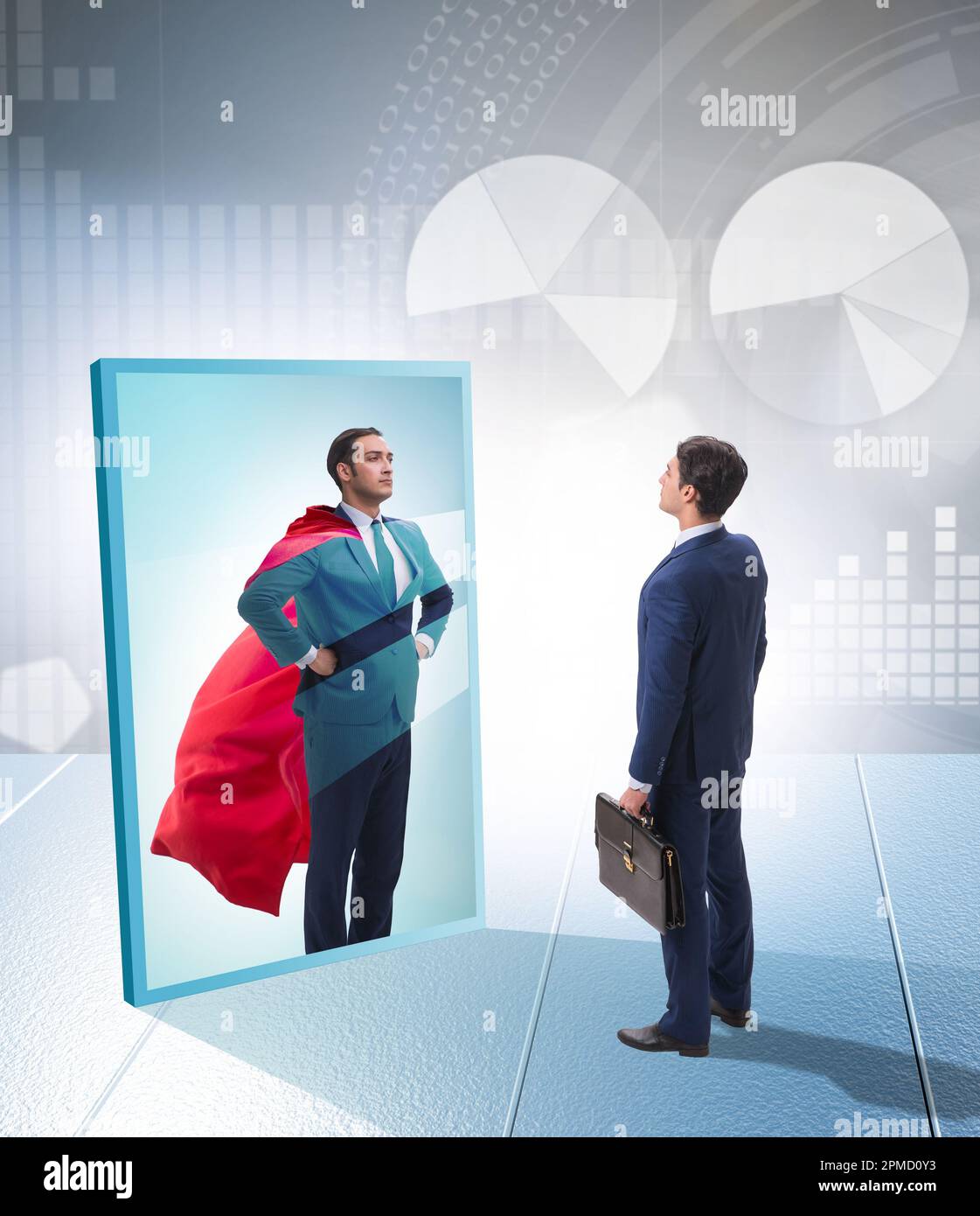 The businessman seeing himself in mirror as superhero Stock Photo - Alamy