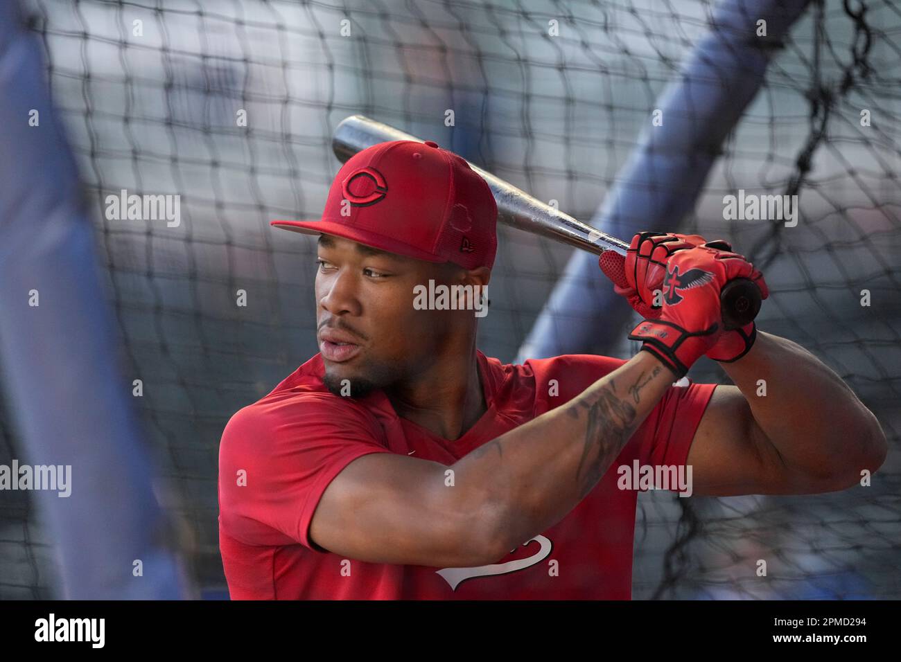 Cincinnati Reds center fielder Will Benson (30) takes batting practice ...