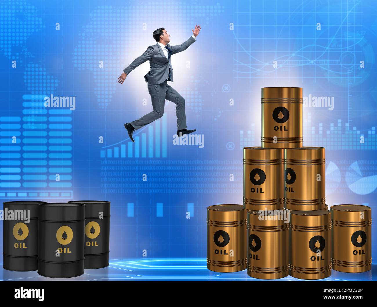 The businessman jumping from stack of oil barrels Stock Photo - Alamy
