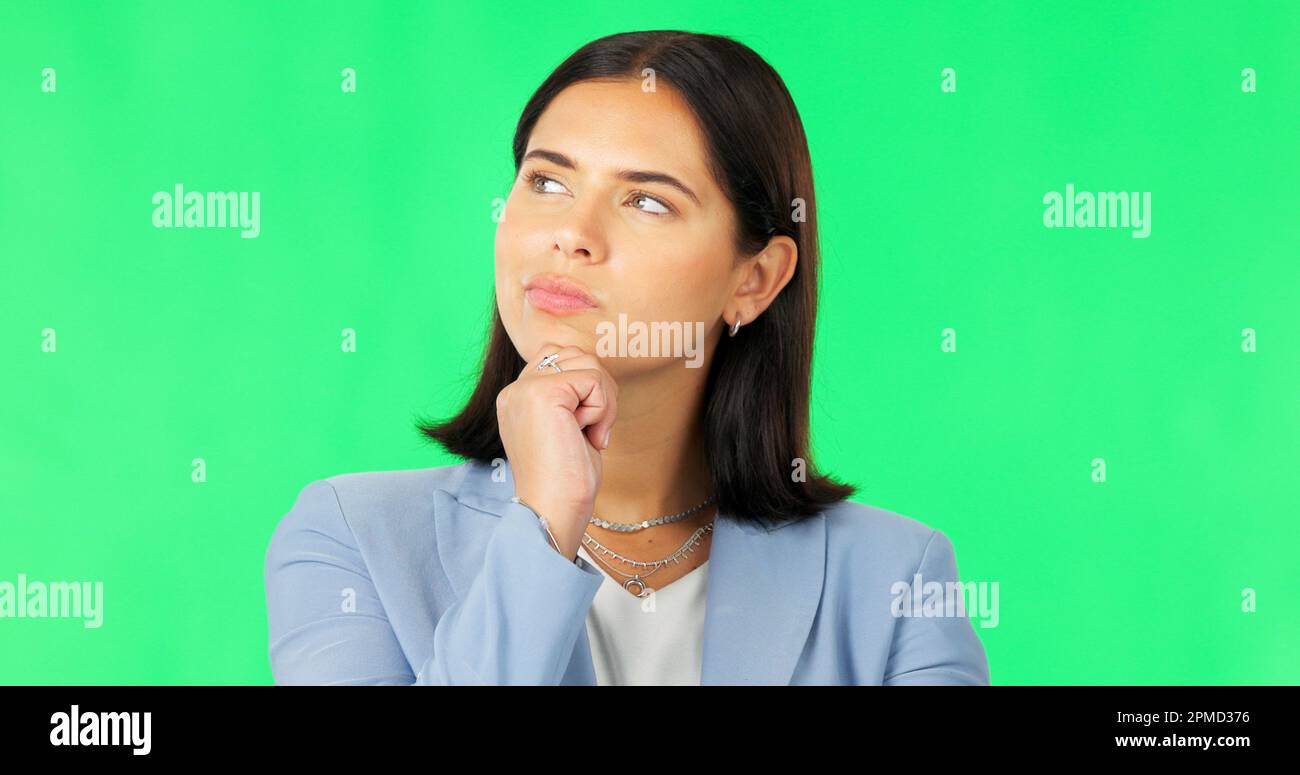 Business, woman and thinking on green screen of ideas, questions and ...