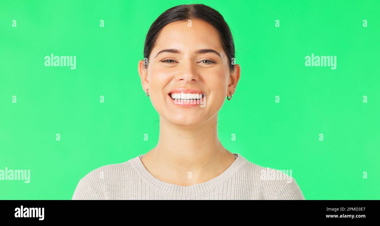 Green screen, face and woman with smile, happiness and confidence on ...