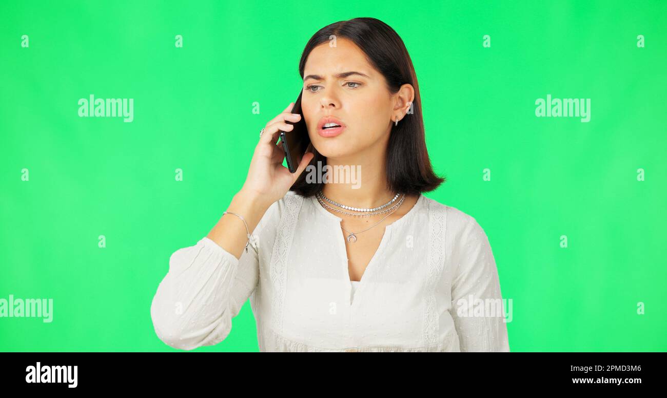 Phone call, conversation and woman with green screen feeling angry and ...