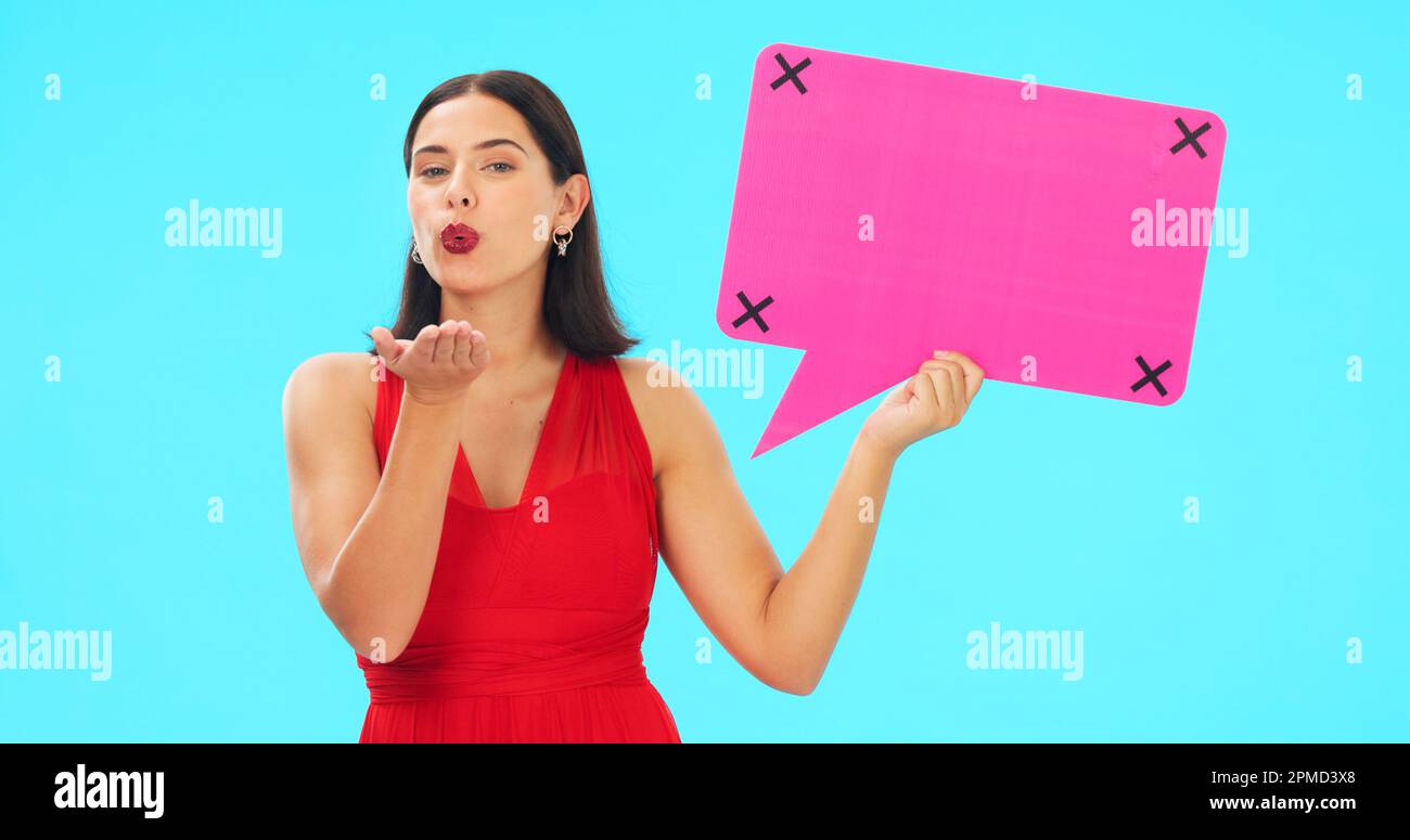 Speech bubble, face and woman blowing kiss in studio for romance ...