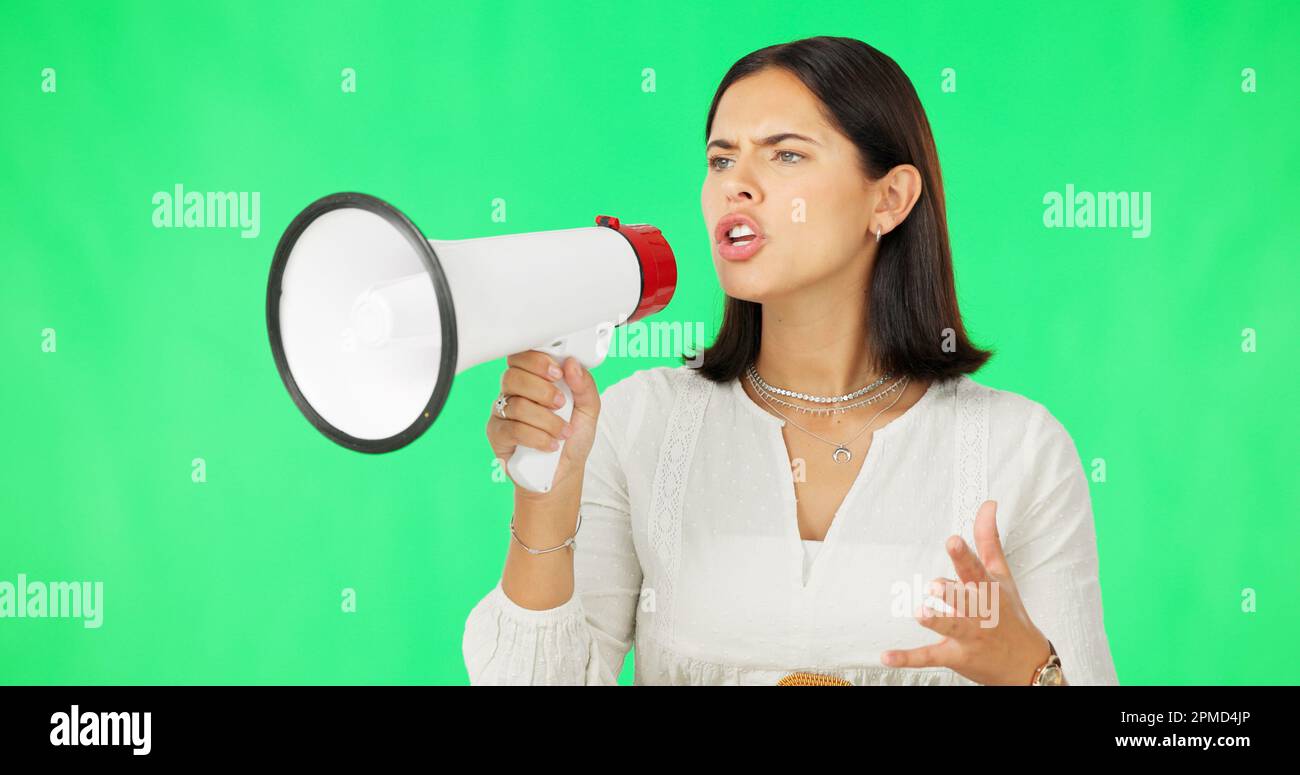 Megaphone, protest and woman green screen for broadcast, justice and ...