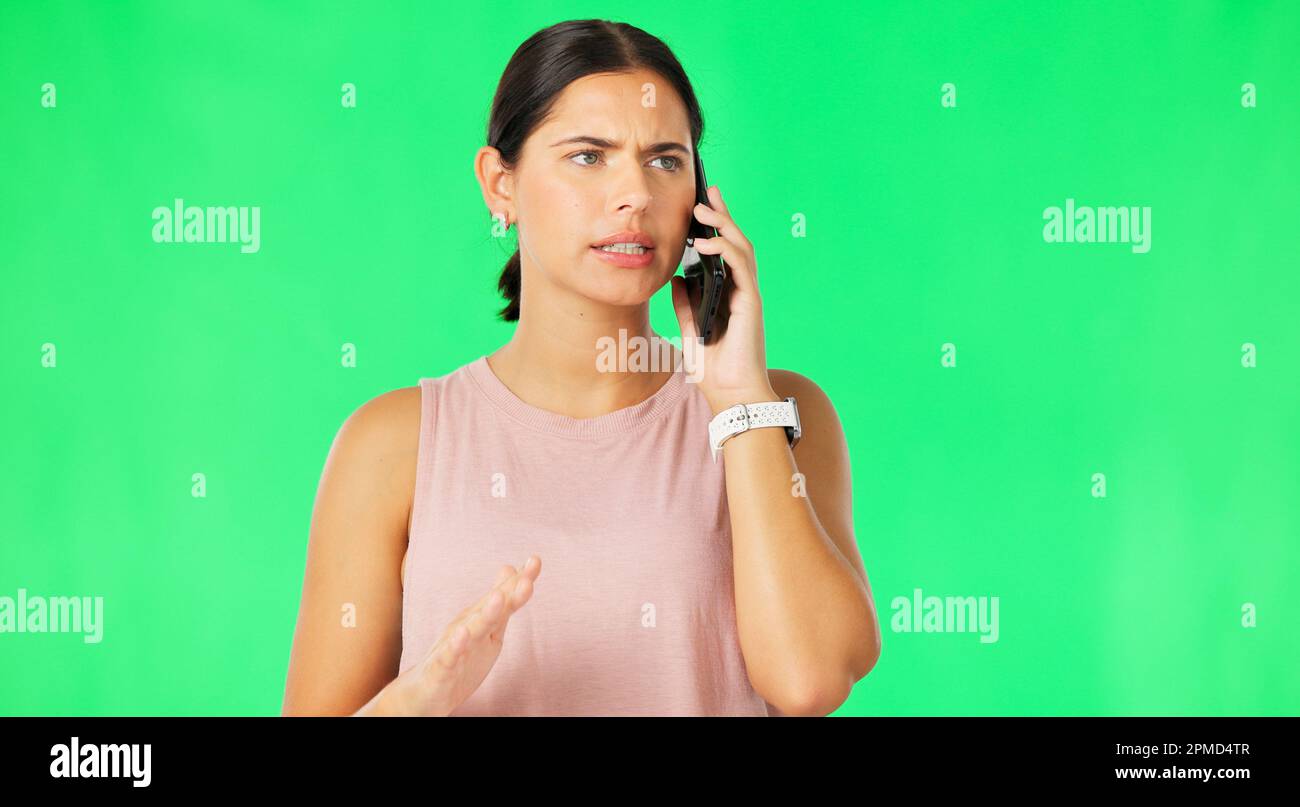 Phone call, fitness conversation and woman with green screen feeling ...
