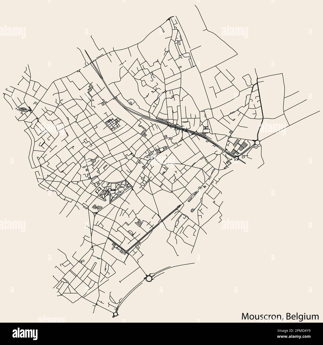 Detailed hand-drawn navigational urban street roads map of the MOUSCRON ...