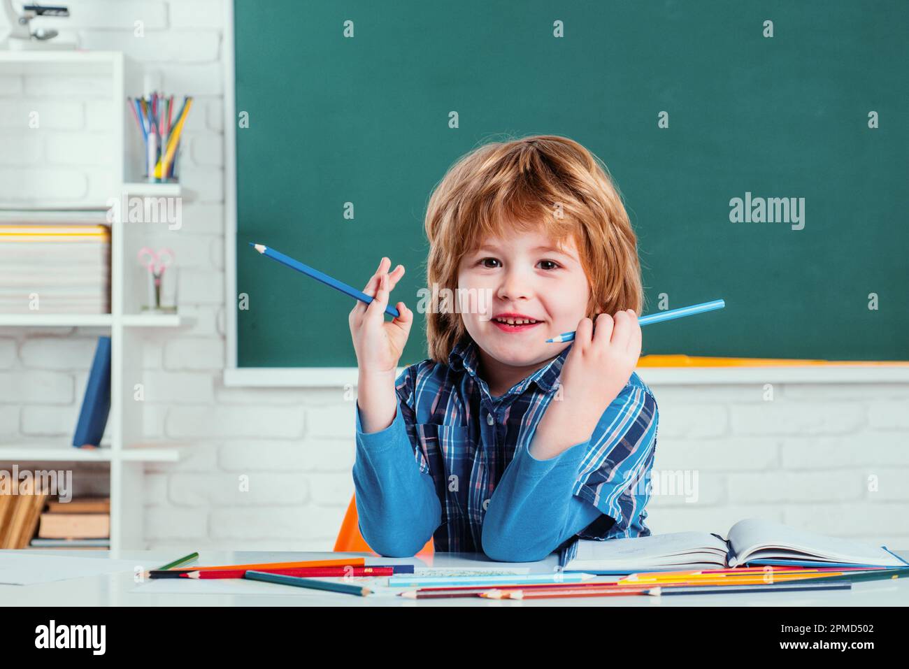First school day. Home schooling. Child home studying and home ...