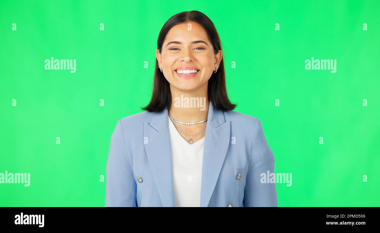 Smile, business woman and face on green screen, studio and color ...