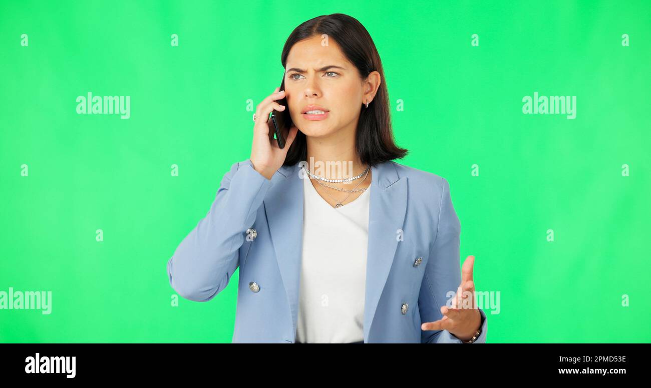 Frustrated business woman on green screen, phone call and angry ...