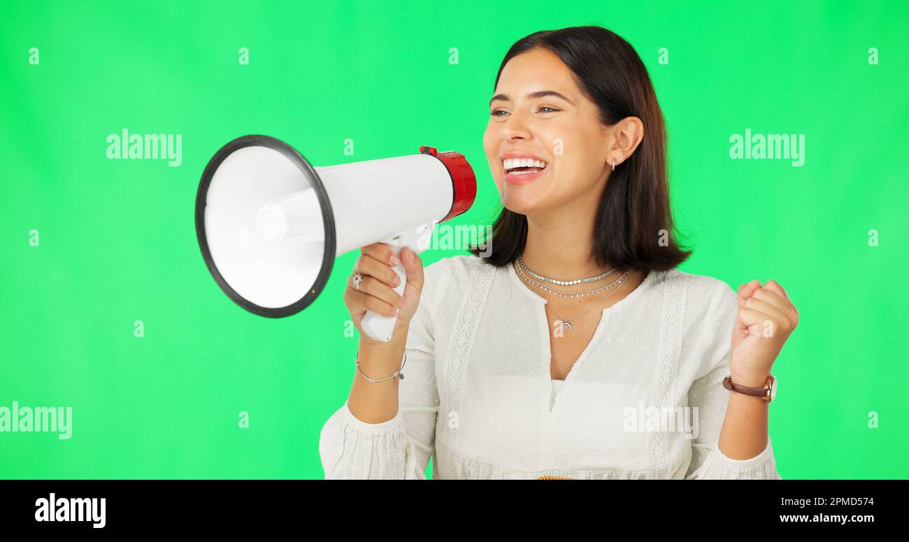 Megaphone, green screen and happy woman isolated on studio background ...