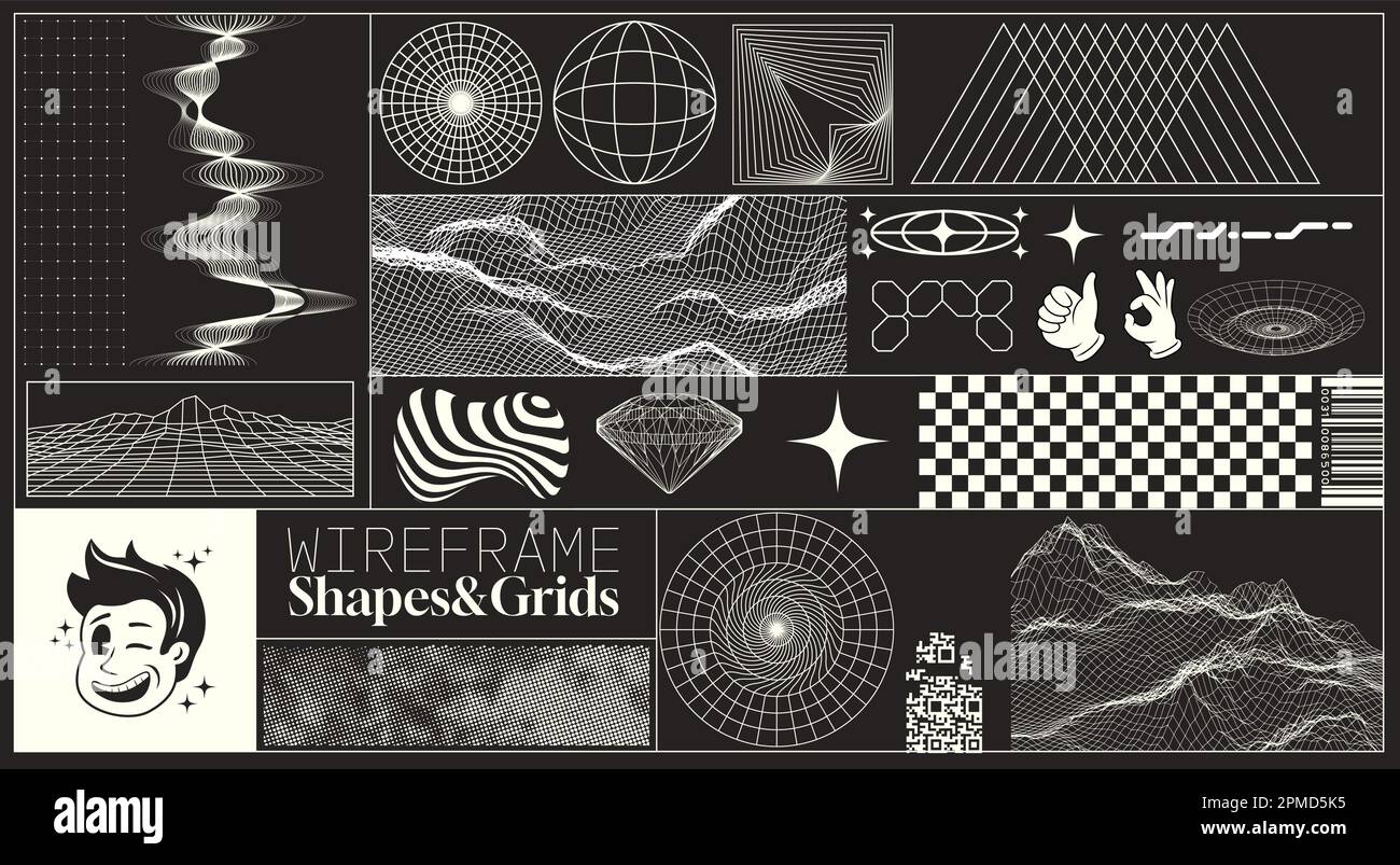 A collection of futuristic Y2K shapes and grid patterns for layouts and ...