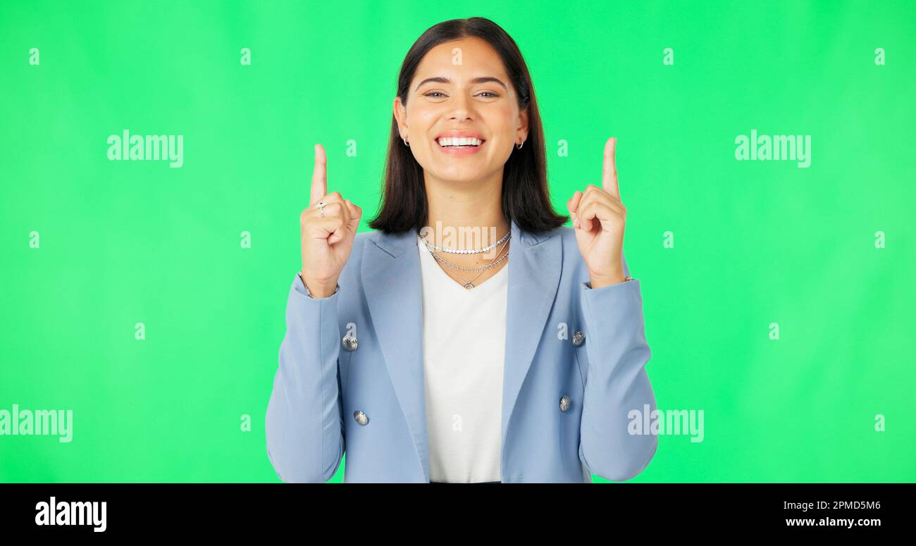 Green screen, business and face of happy woman pointing up to news on ...