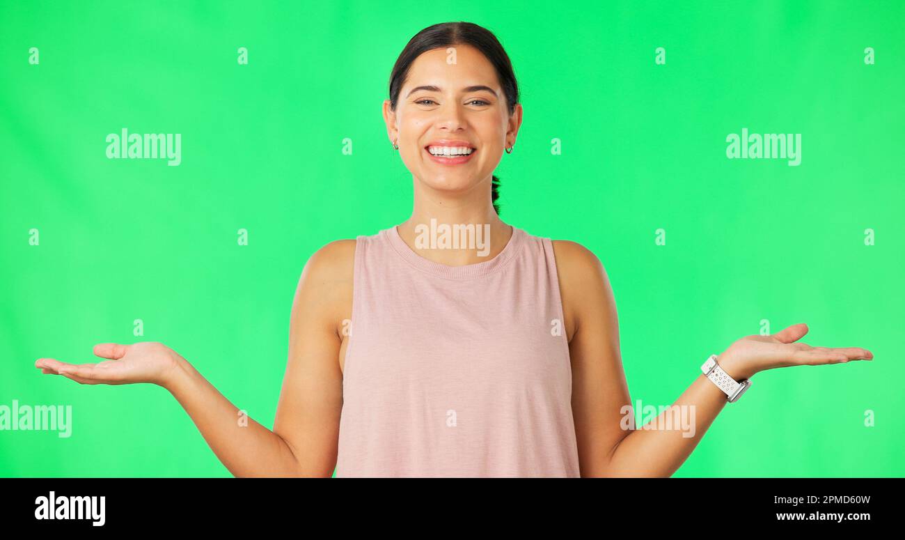 Decision, comparison and happy woman with mockup studio choice, scale ...