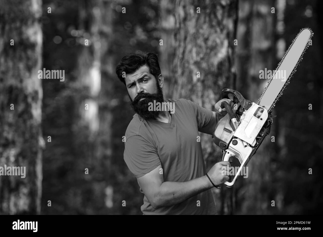 Professional lumberjack holding chainsaw in the forest. A handsome ...