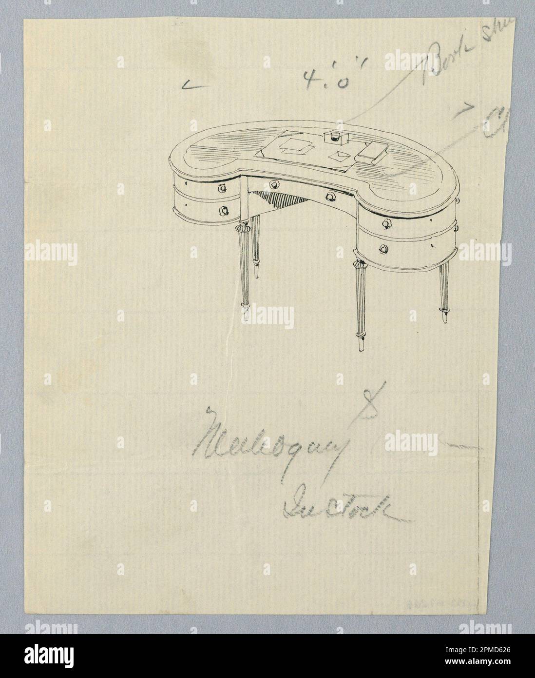 Drawing, Design for Kidney-Shaped Writing Table with Five Drawers in ...