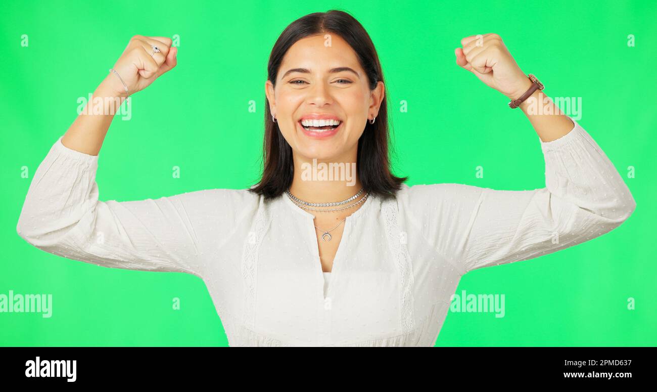 Strong, green screen and happy woman isolated on studio background for ...