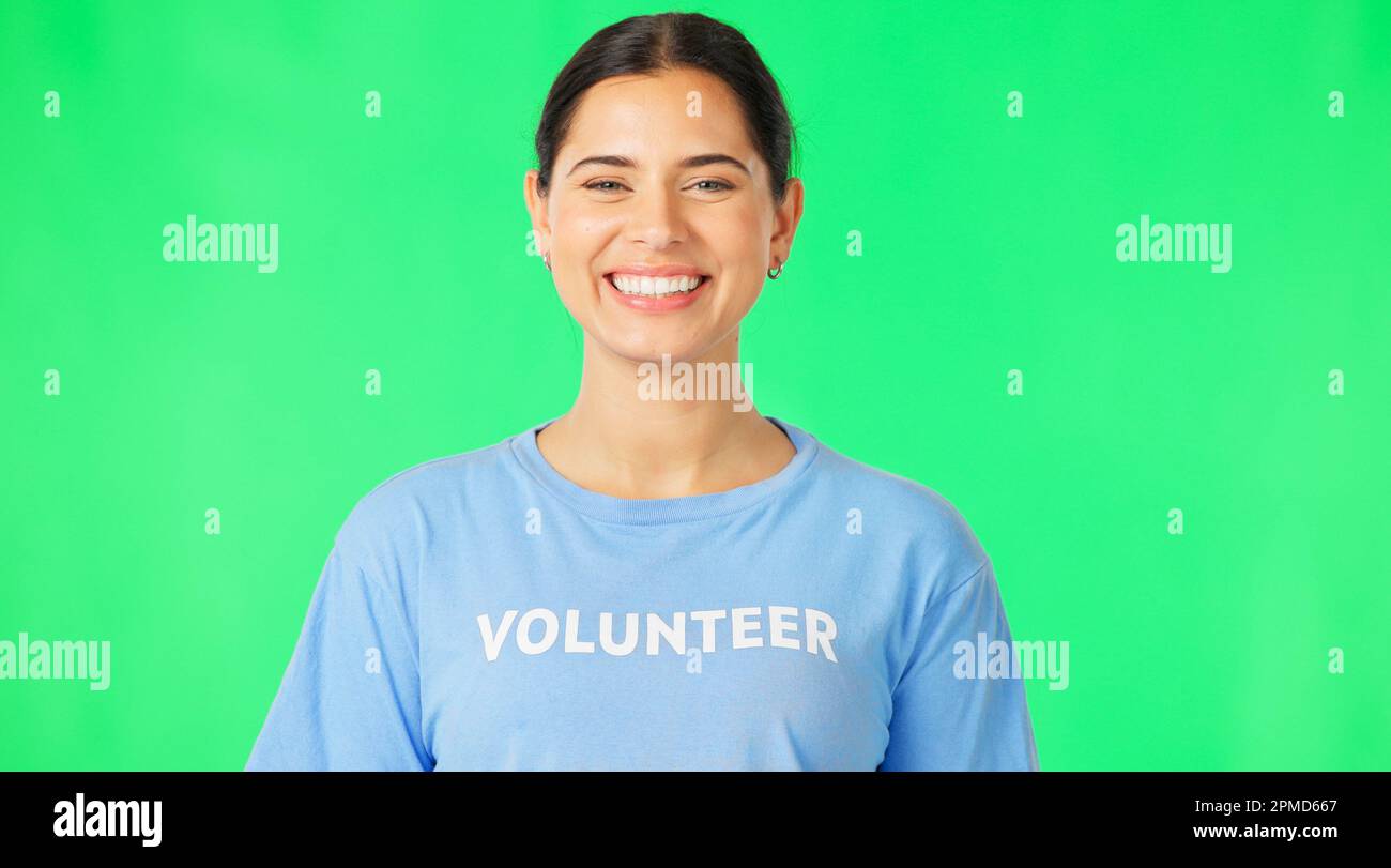 Volunteer, face and happy woman on green screen in studio for community ...