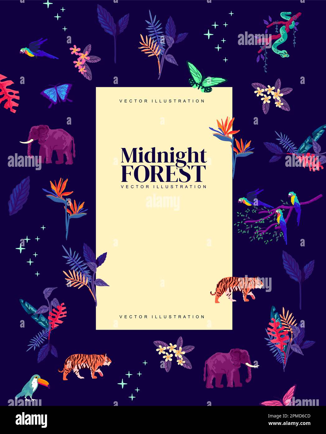 Magical and wild midnight rainforest layout with exotic decorations ...