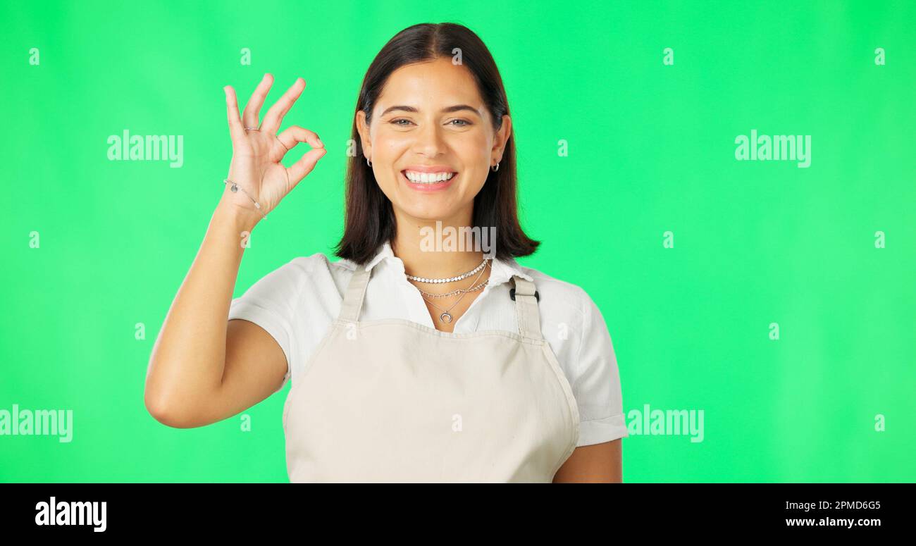 Face, ok hands and happy woman on green screen, background and support ...