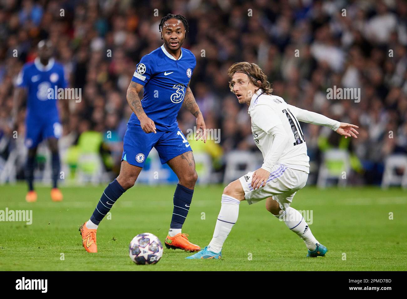 Madrid, Spain. 12th Apr, 2023. Raheem Sterling of Chelsea FC and Luka ...