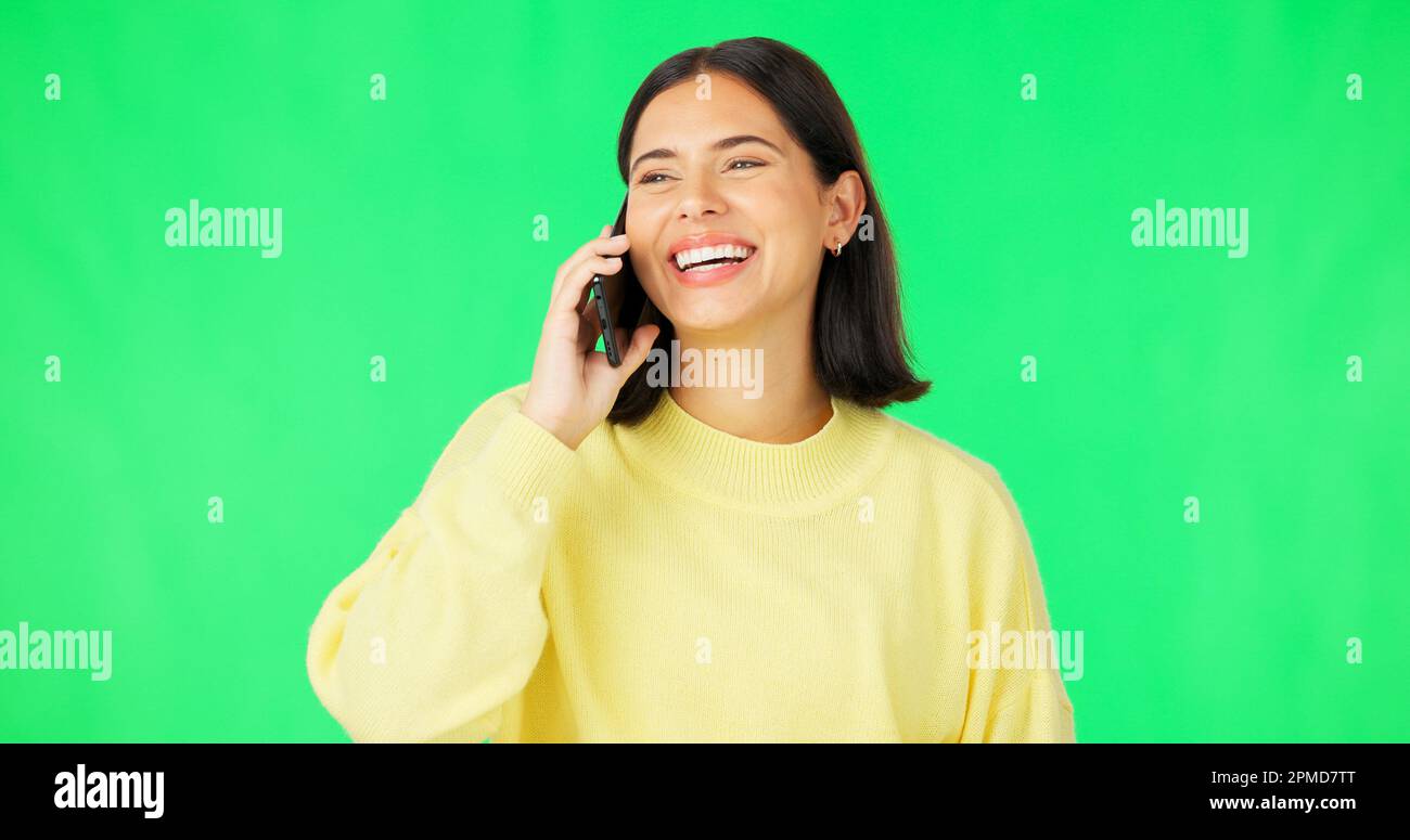 Happy woman, phone call and conversation on green screen for ...