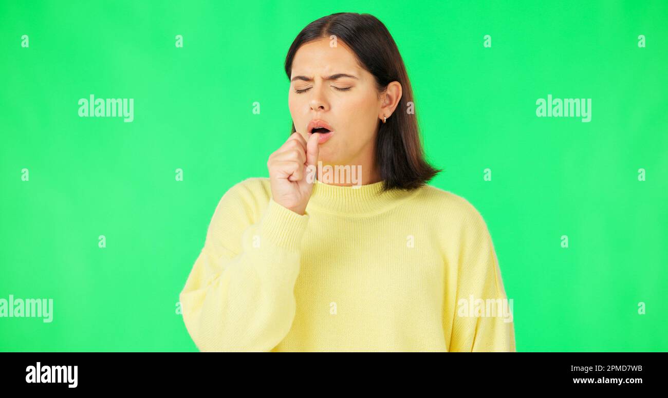 Sick woman, coughing and flu on green screen, cold and virus from ...
