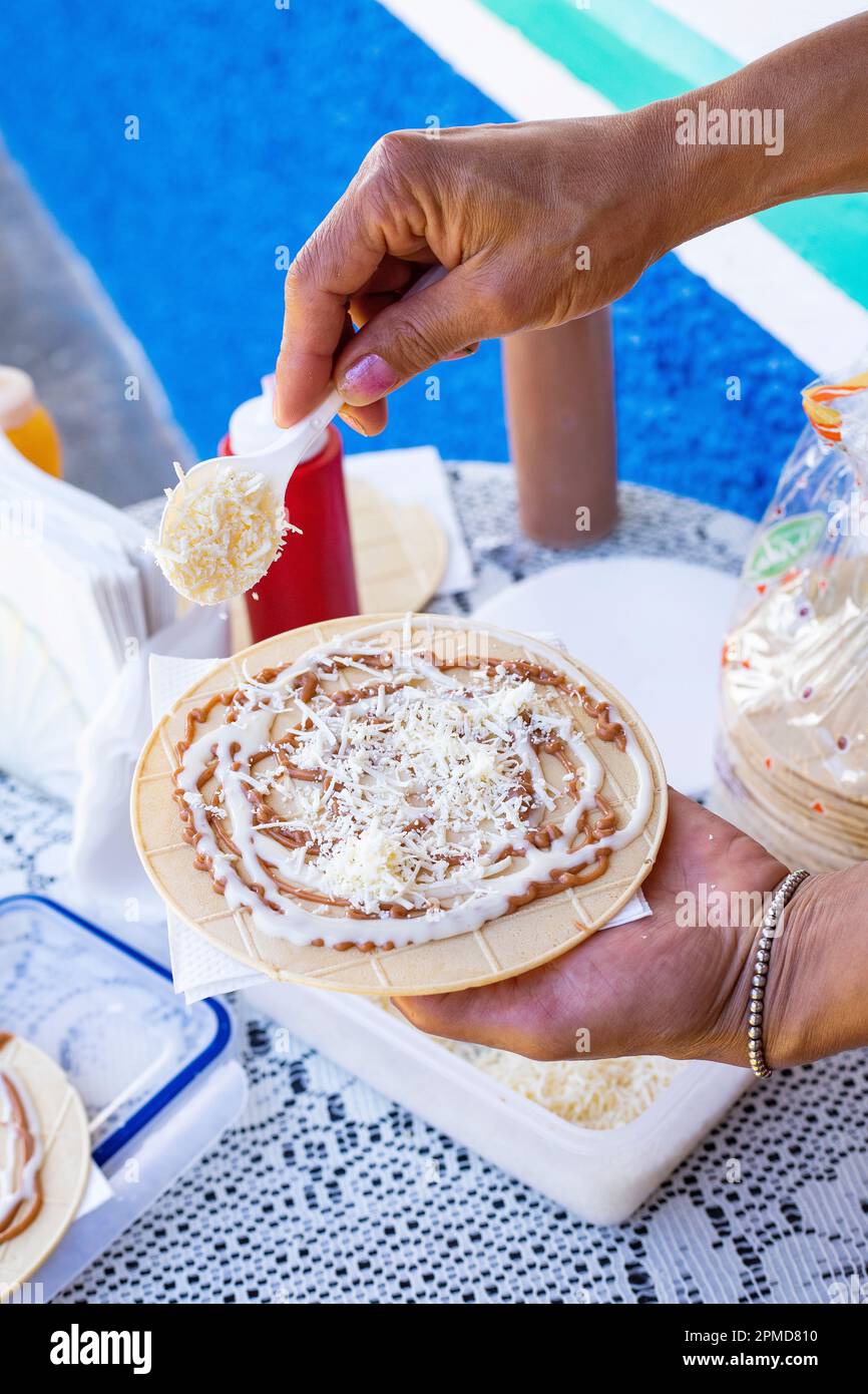 Preparation of the wafer with caramel sauce, cheese and blackberry ...