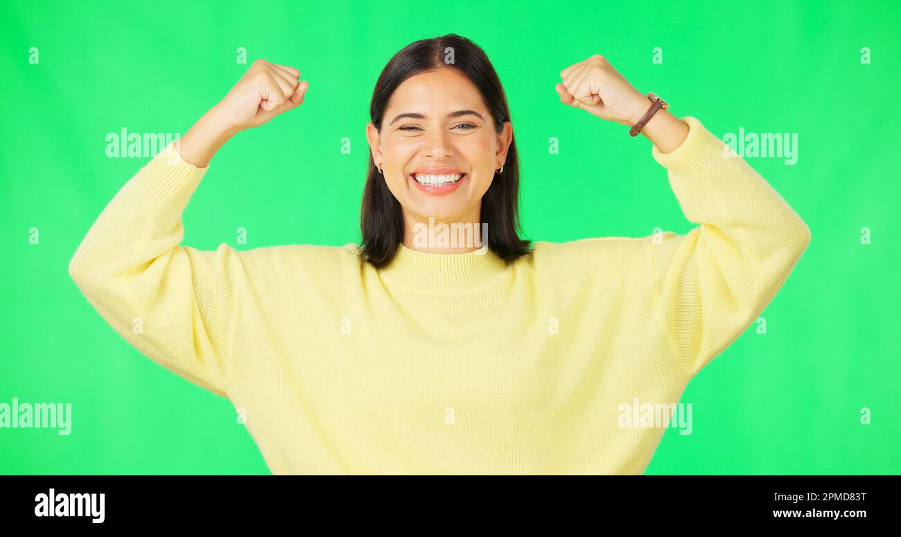 Strong, happy face and woman muscle flex with green screen and smile ...