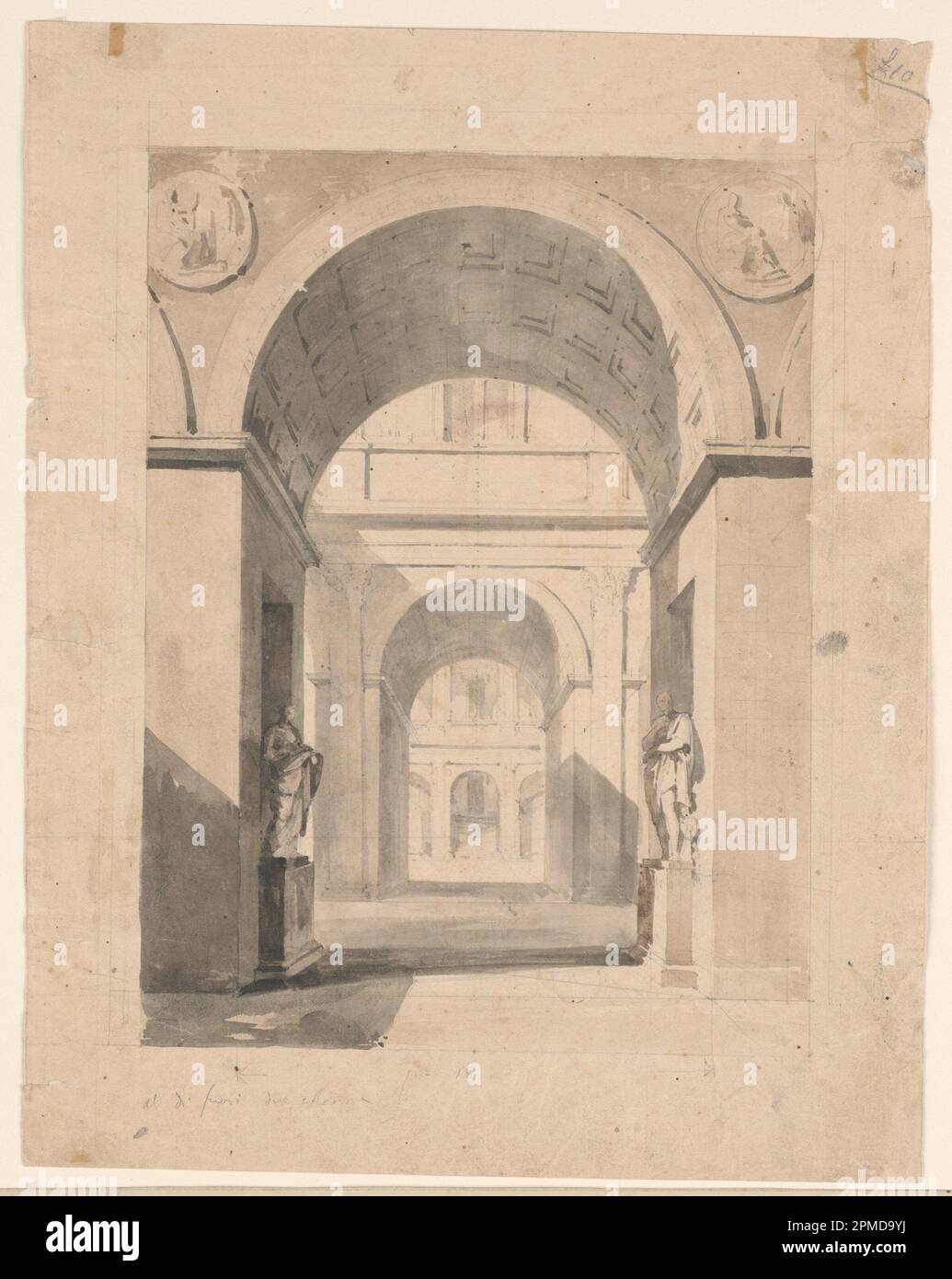 Drawing, Stage Design, Palace Courts; Italy; brush and sepia wash ...
