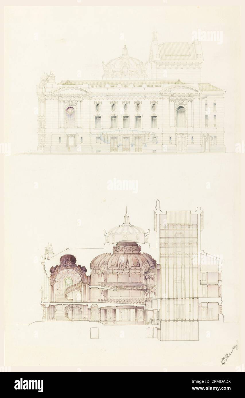 Drawing, Elevation and Cross-Section of an Opera House; Architect ...