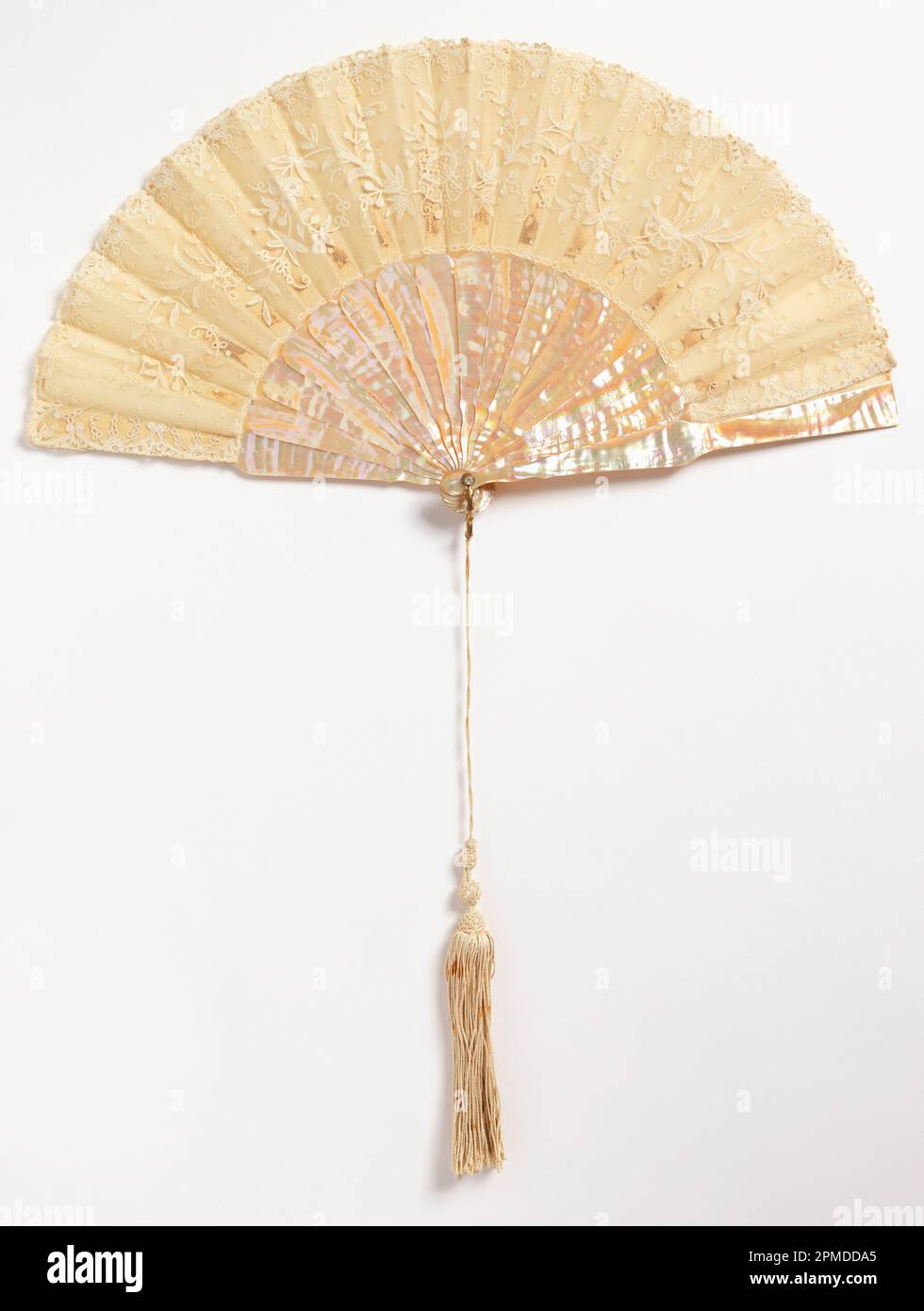 Pleated Fan; lace and gauze leaf, mother-of-pearl sticks, brilliant set ...
