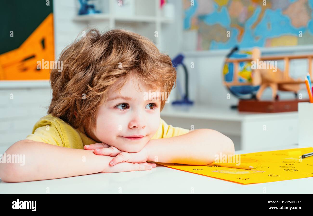 Cute face of pupil, close up. Elementary school classroom. Kids Science ... Cute face of pupil, close up. Elementary school classroom. Kids Science ...