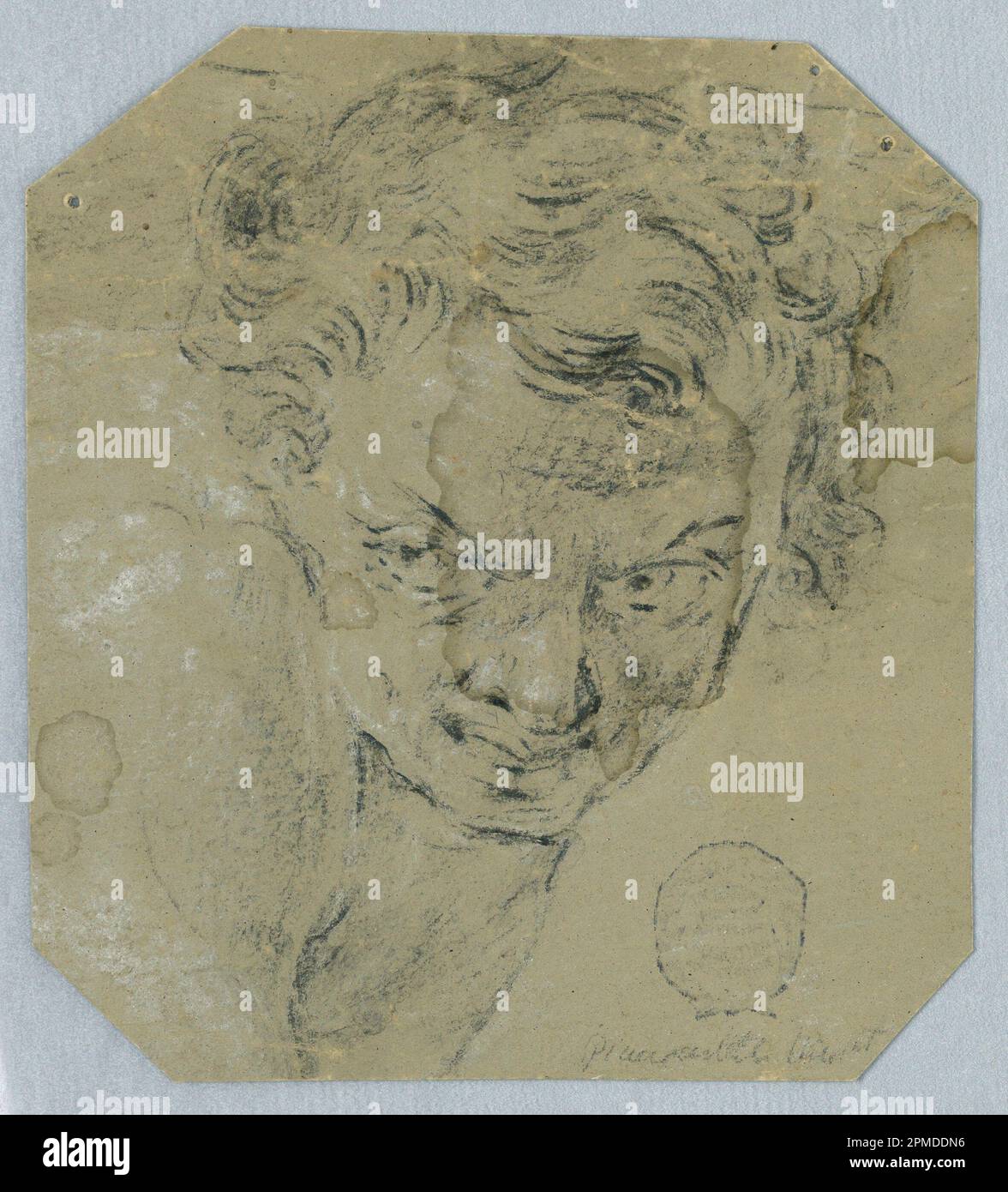 Drawing, Study of a Man's Expressive Face; Italy; black crayon with ...