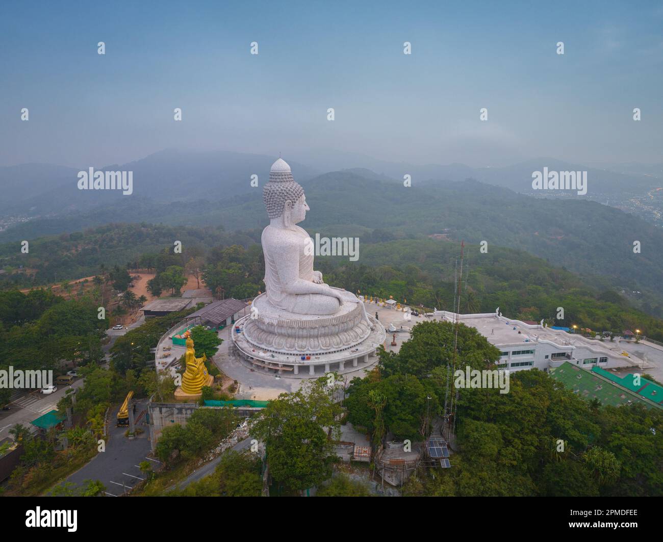 aerial view beautiful sunrise at Phuket big Buddha on the hilltop ...