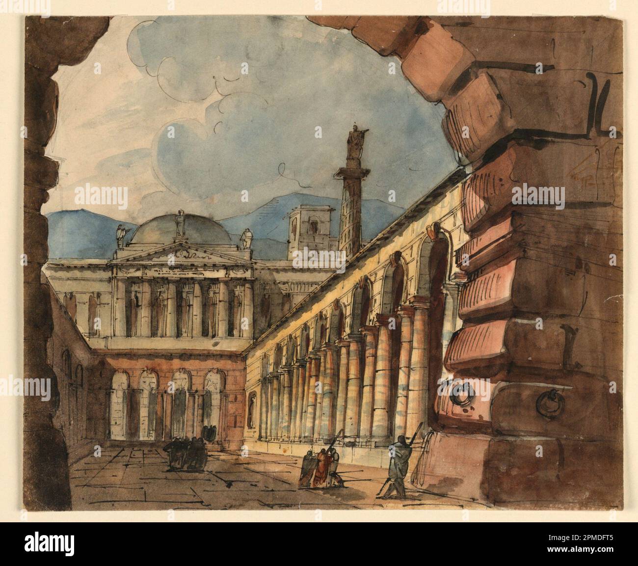 Drawing, Stage Design, Exterior of Palace; Italy; pen and bistre ink ...