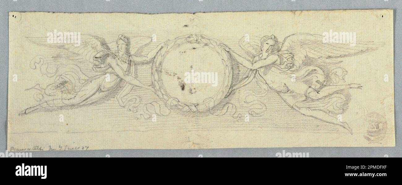 Drawing, Two Winged Genii with Laurel Wreath; Italy; black crayon on ...