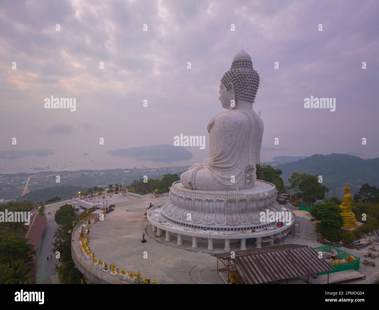 aerial view beautiful sunrise at Phuket big Buddha on the hilltop ...
