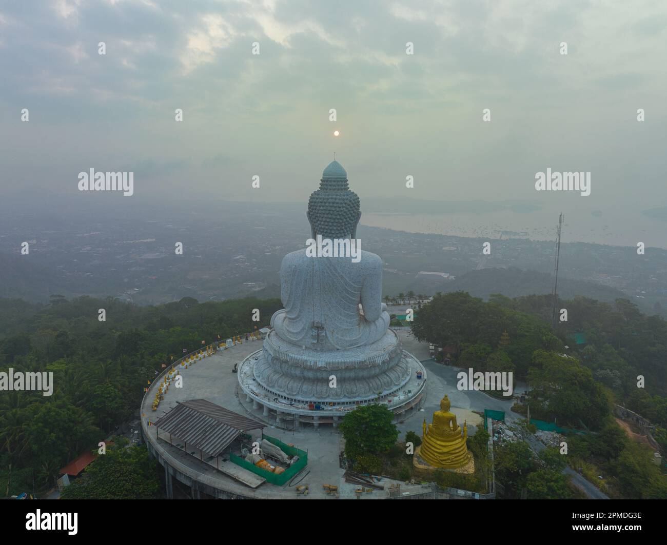 aerial view beautiful sunrise at Phuket big Buddha on the hilltop ...