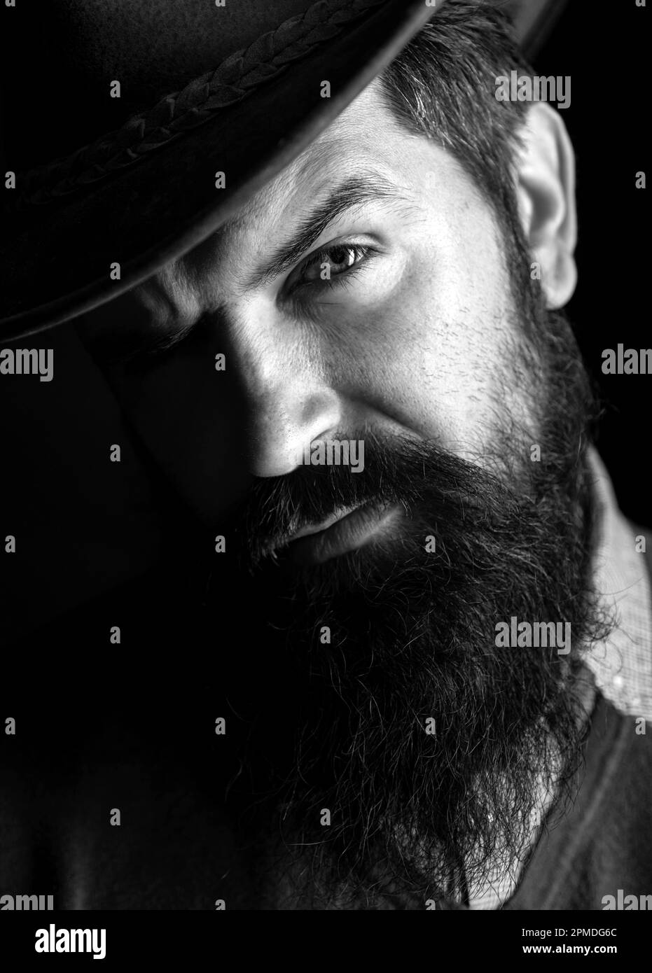 Portrait of cowboy in leather hat. American Western. Wild West Rodeo ...