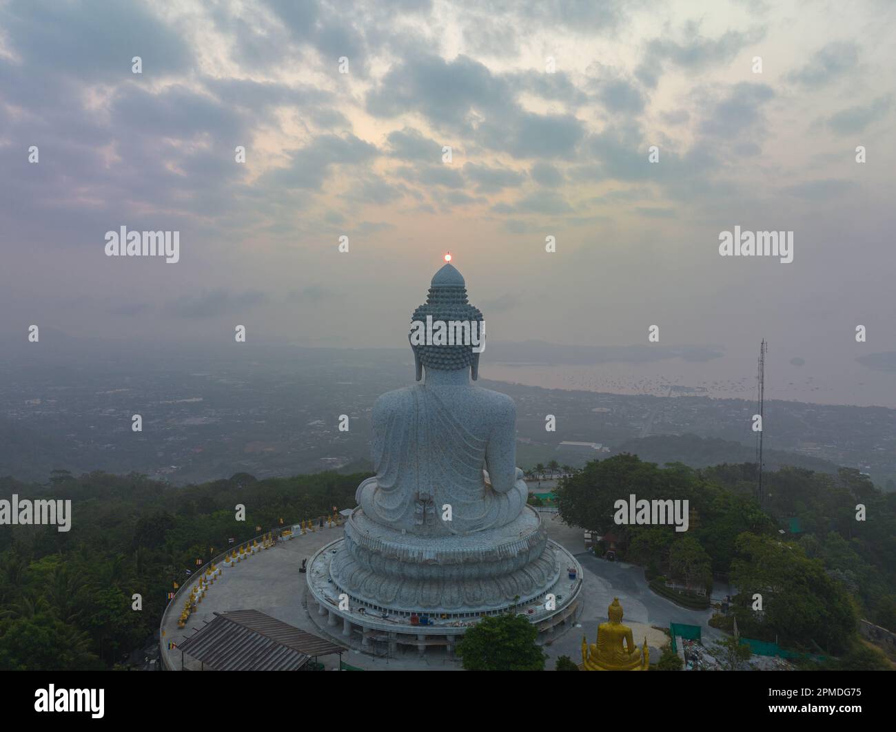 aerial view beautiful sunrise at Phuket big Buddha on the hilltop ...